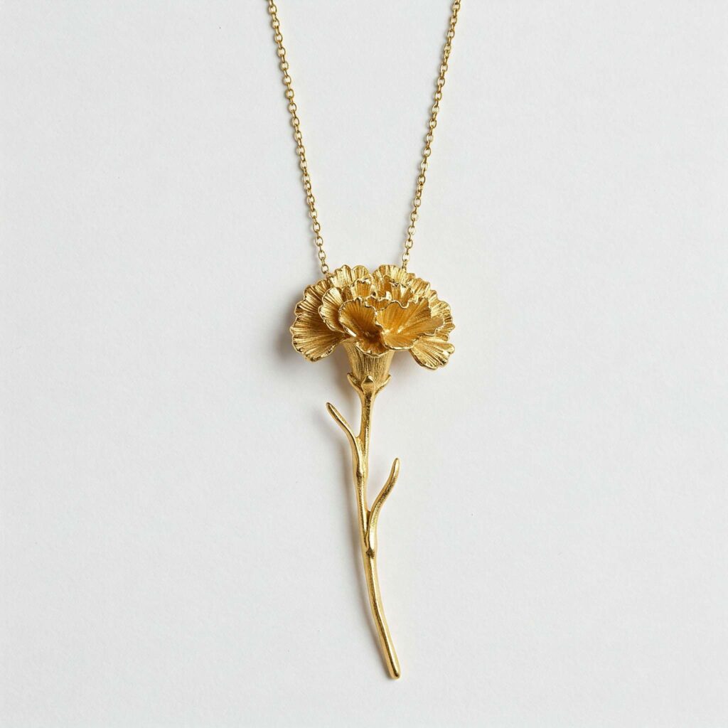 Gold Carnation Pendant Necklace with Floral Motif Chain